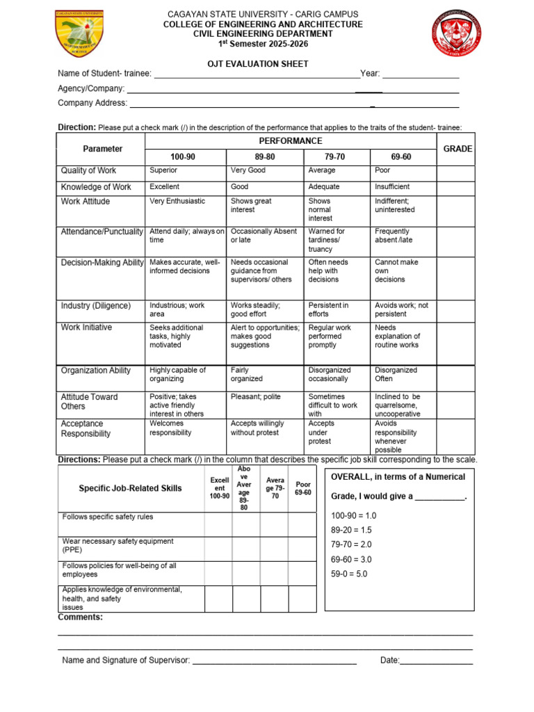 OJT Evaluation Sheet for Civil Engineering | PDF | Business ...