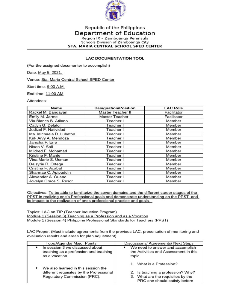 LAC Documentation Tool | PDF | Profession | Teachers