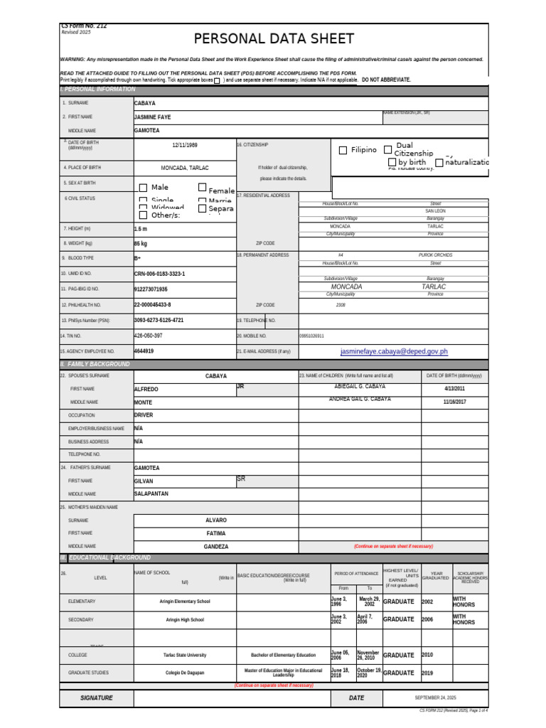 Personal Data Sheet CS Form 212 2025 | PDF