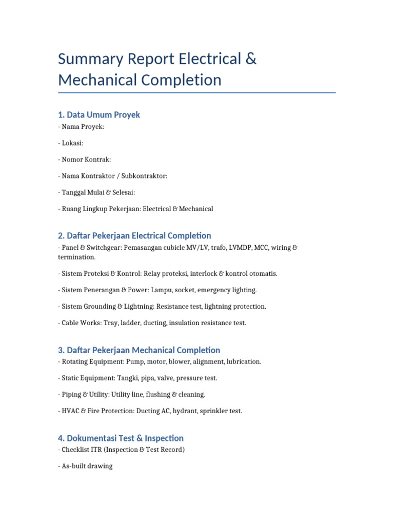 Summary Report Electrical Mechanical Completion | PDF