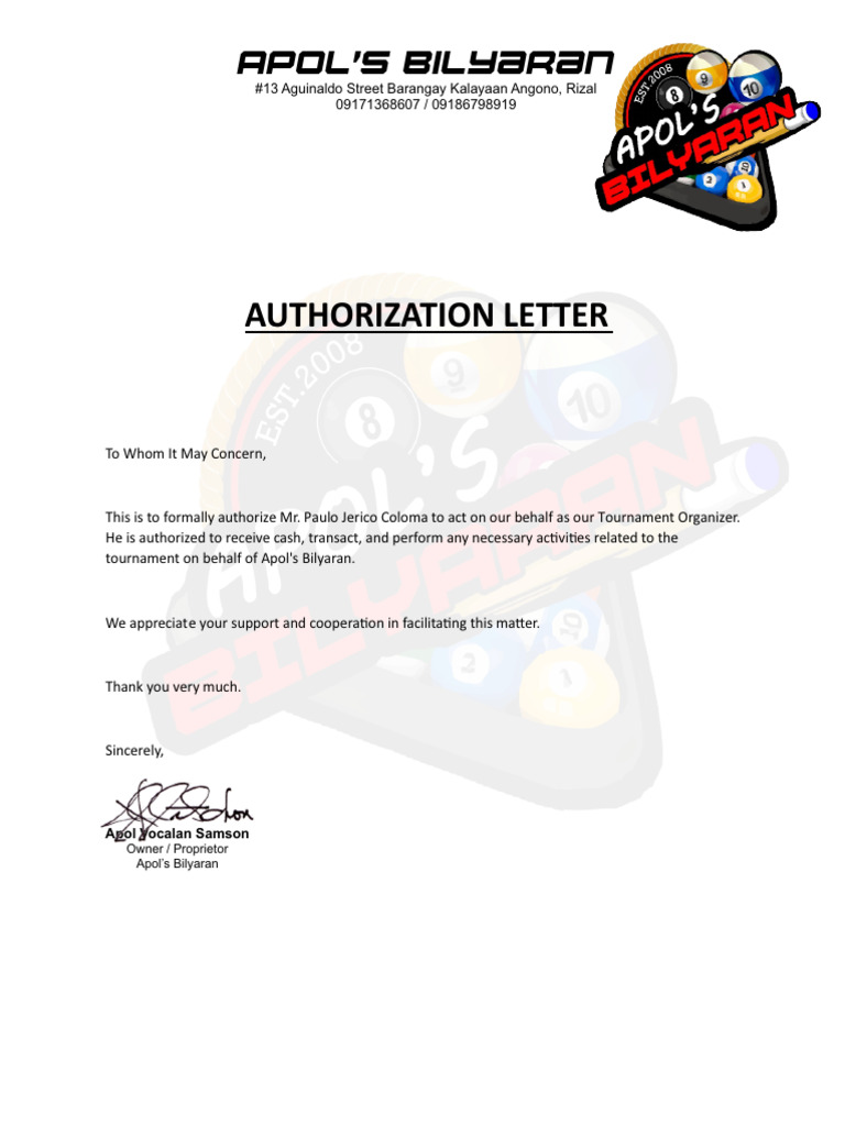 Authorization Letter Apols Bilyaran | PDF