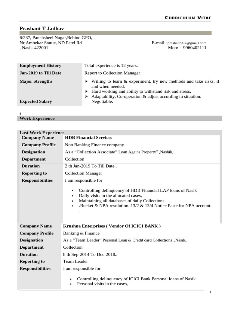 Resume Prashant Jadhav | PDF | Financial Services | Banking