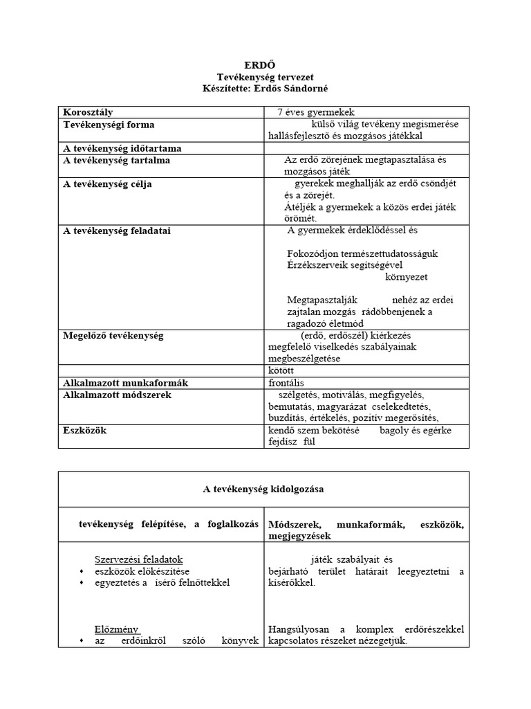 Erdő 8. Tevékenység Tervezet | PDF