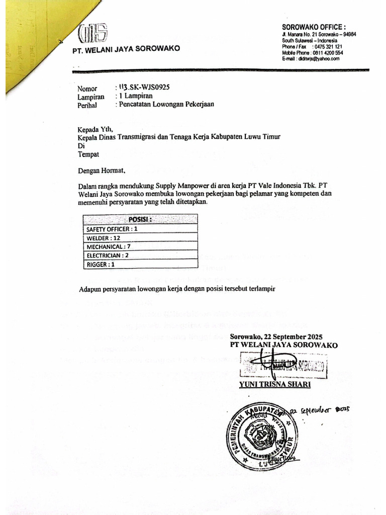 PT - Welani Jaya Sorowako | PDF