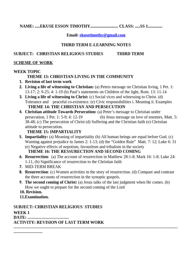 SS1 CRS Third Term Lesson Notes | PDF | Resurrection Of Jesus | Jesus