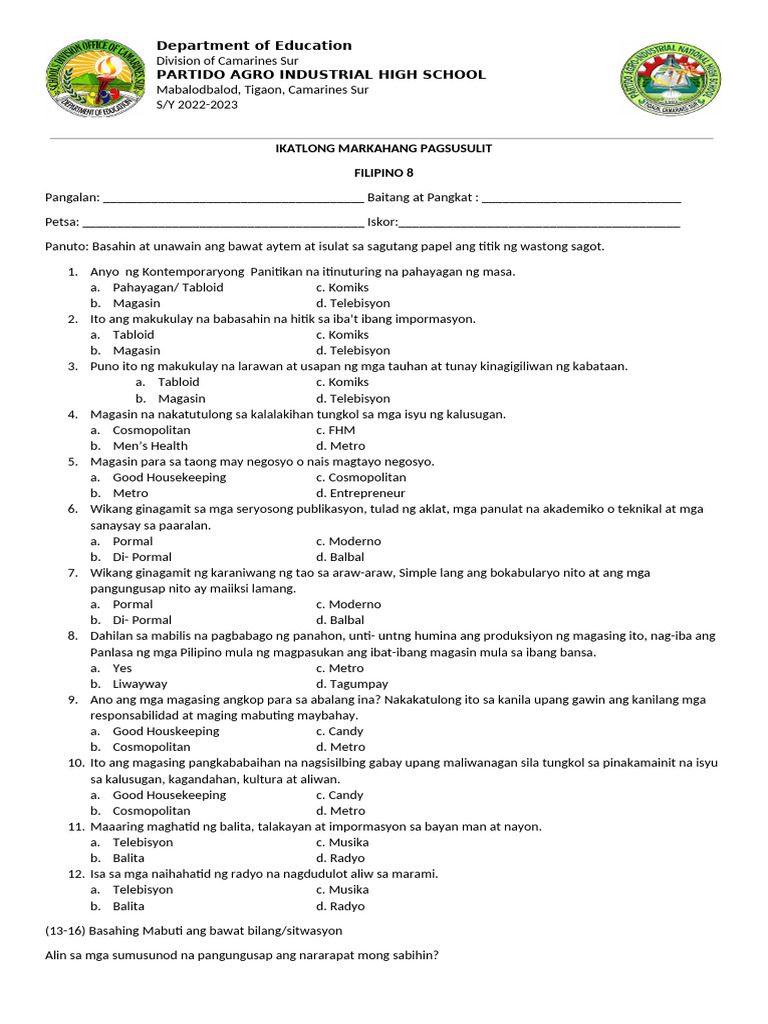 3rd Quarter Exam | PDF
