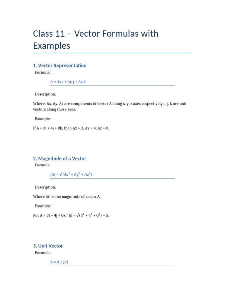 Class 11 Vector Formulas With Examples | PDF | Euclidean Vector | Mechanics