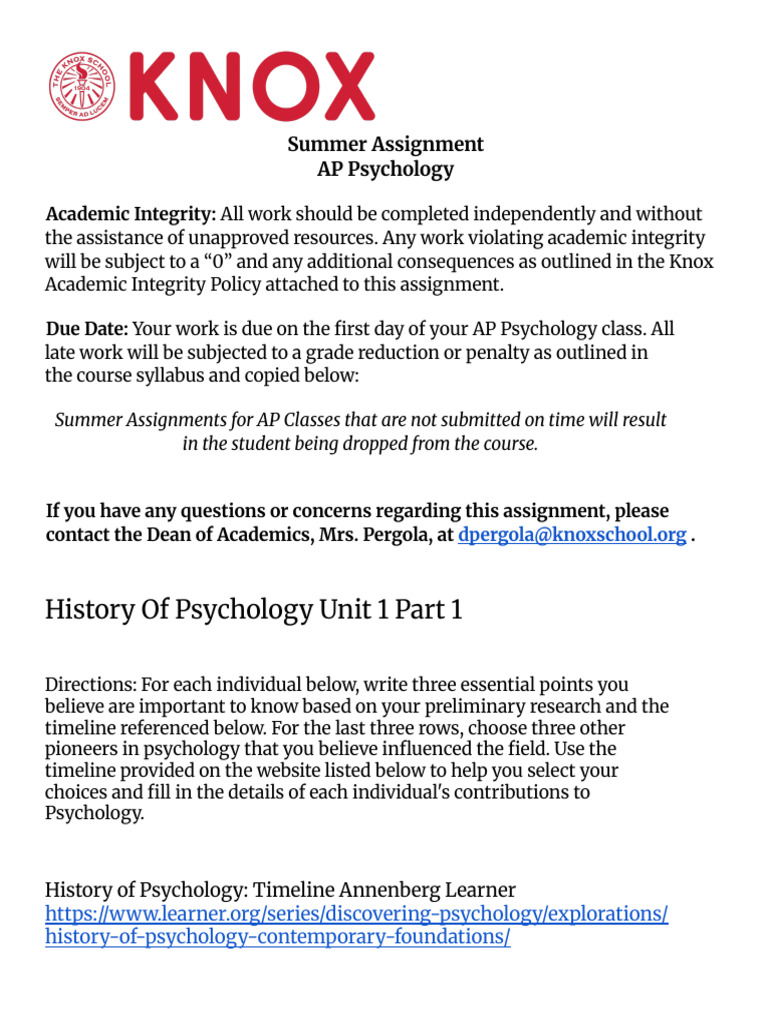 AP Psychology Summer Assignment Guide | PDF | Psychology | Behavioural ...