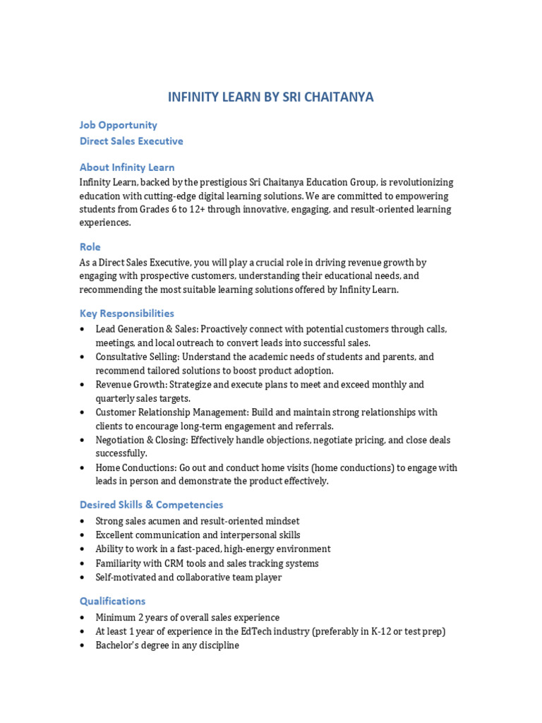 Direct Sales Executive Job at Infinity Learn | PDF