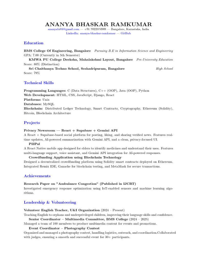 Ananya Bhaskar Resume | PDF