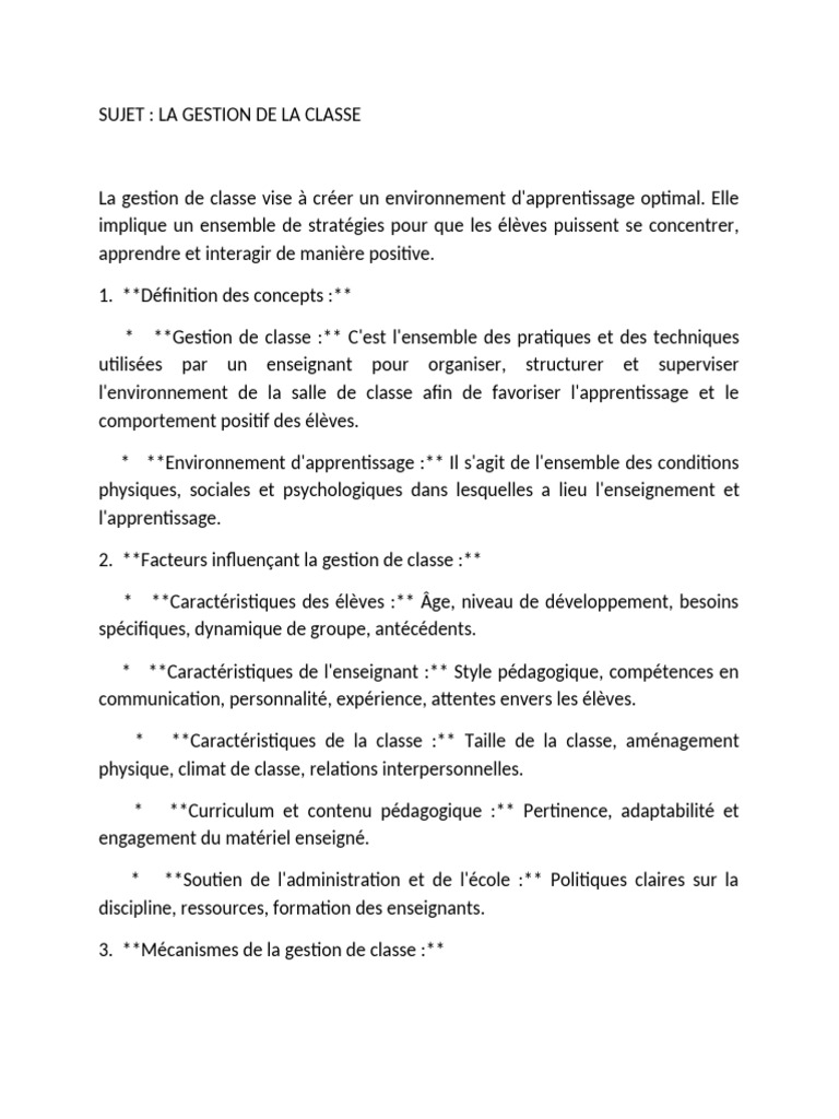 Composantes de la gestion de classe | PDF | Apprentissage | Pédagogie