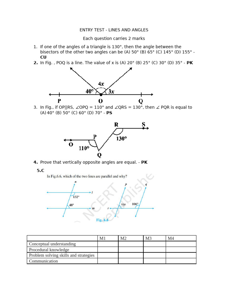 Entry Test: Lines and Angles | PDF