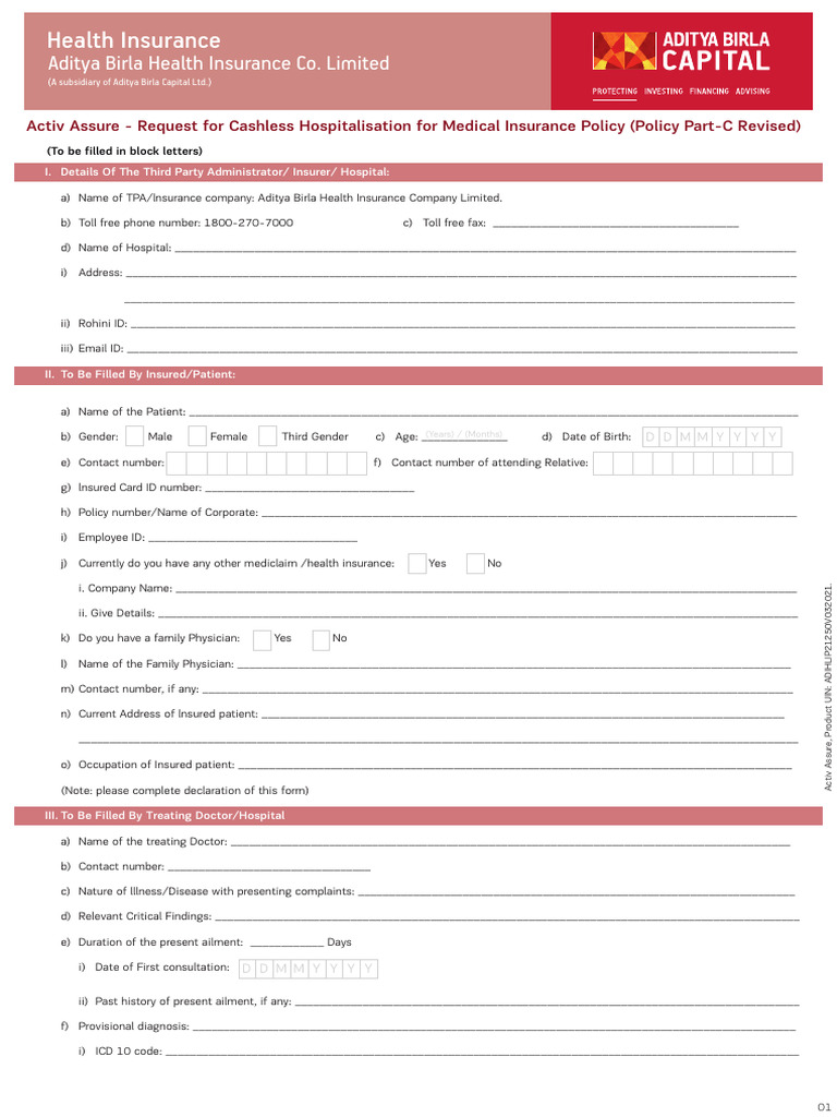 Aditya Birla Preathorization Form | PDF | Insurance | Hospital
