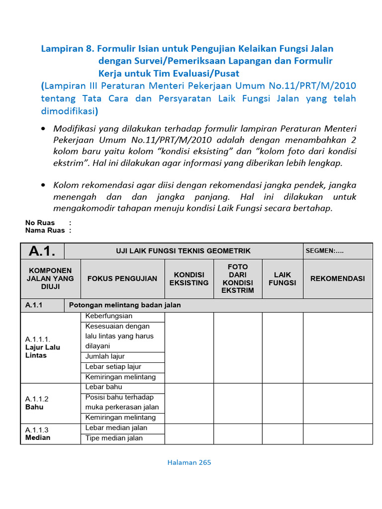 Formulir Uji Laik Fungsi Jalan | PDF