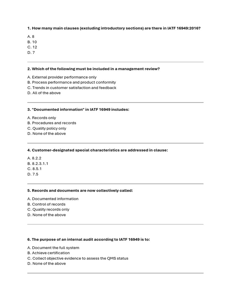 IATF Quiz Questions | PDF | Audit | Quality Management System