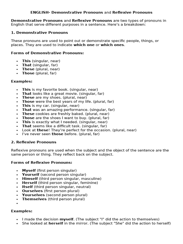 Demonstrative Pronouns and Reflexive Pronouns | PDF | Grammatical ...