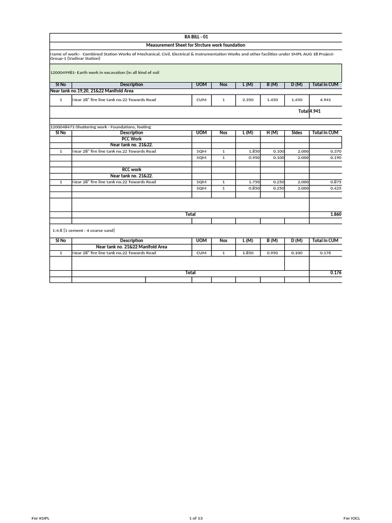 Measurement Sheet for Foundation Work | PDF