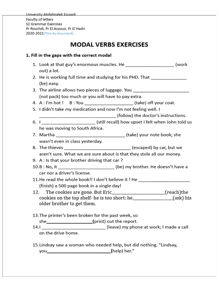 Modal Verbs Exercises 2 2020 2021 | PDF