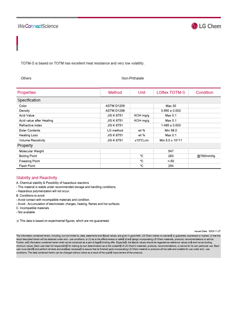 LGflex TOTM-S Technical Specifications | PDF | Chemical Substances