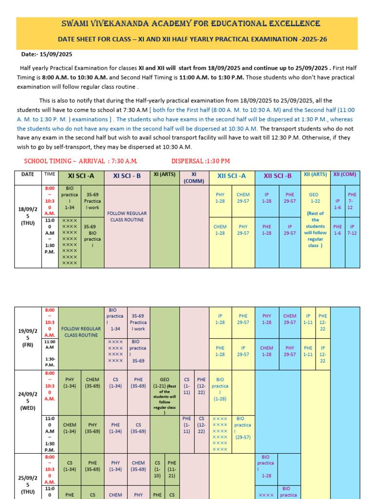 Class-11 and 12 Date Sheet For Half Yearly Practical Examination 2025-26 (Remainder Schedule) | PDF