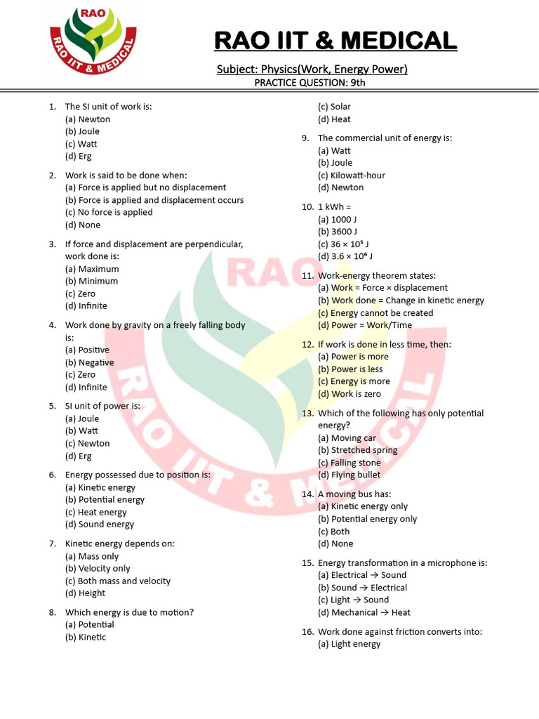Physics QP (Work, Energy Power) - 9th Standard | PDF | Potential Energy ...