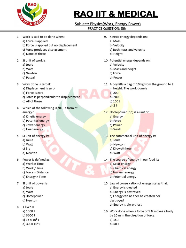 8th Grade Physics: Work, Energy, Power Quiz | PDF | Power (Physics) | Force