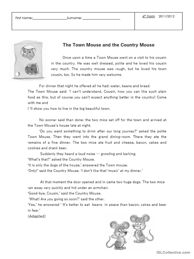 The Town Mouse and The Country Mouse - Reading + Grammar | PDF | Mouse