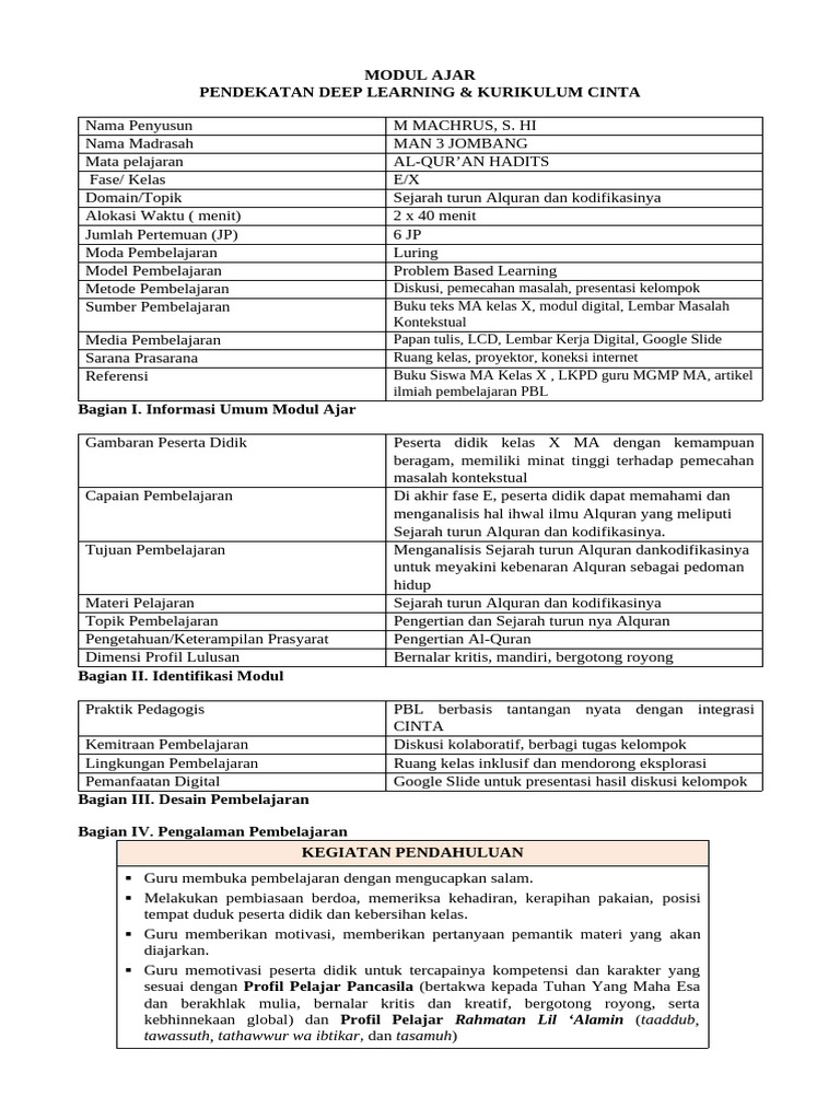MODUL AJAR QH Kelas X (DL, KCB, Adiwiyata, Moderasi Beragama) | PDF
