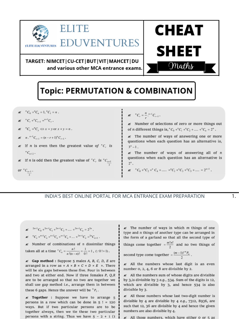 Permutation & Combination Cheat Sheet - 4b76a98e 7155 4384 891e 989563c54f53 | PDF