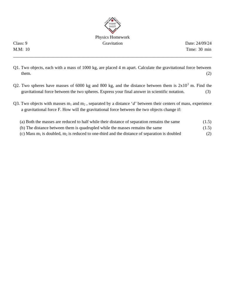 Worksheet 1 - Universal Law of Gravitation | PDF