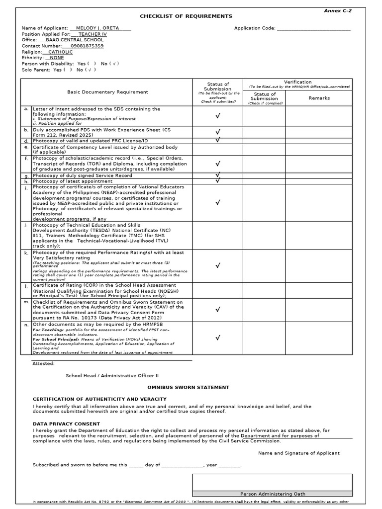 Checklist of Requirements and Omnibus Sworn Statement | PDF