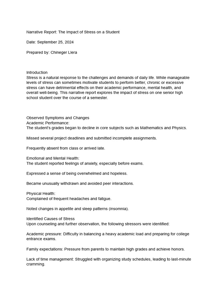 Student Stress: A Narrative Report | PDF | Stress (Biology) | Mental Health