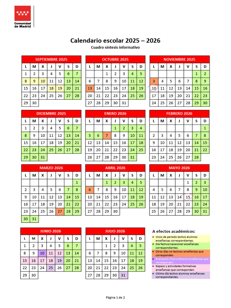 Calendario Escolar 2025-2026 | PDF | Escuelas | Educación de la primera ...