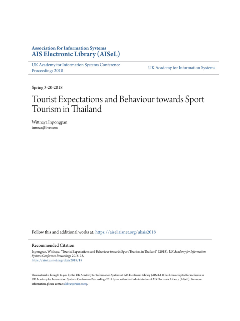 Tourist Expectations and Behaviour Towards Sport Tourism in Thail | PDF ...