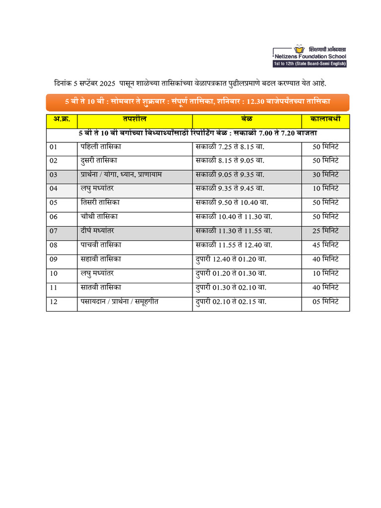 Revised Time Table From 05.09 | PDF