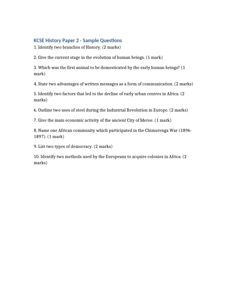 KCSE History Paper 2 Questions | PDF