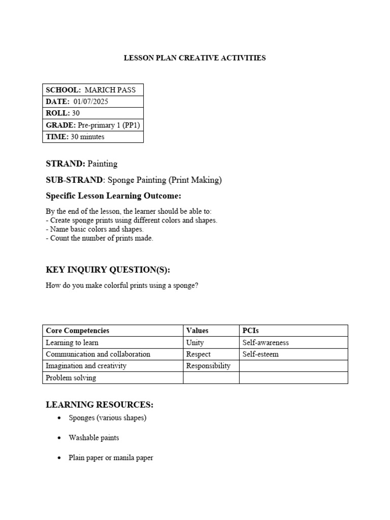 Sponge Painting Lesson Plan for PP1 | PDF