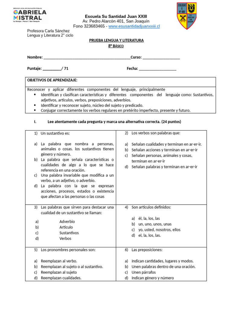 Prueba Gramatica 8 | PDF | Verbo | Asunto (gramática)