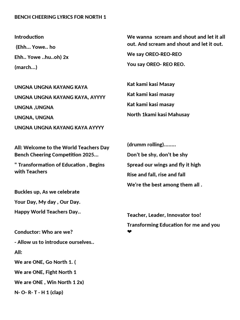 Bench Cheering Lyrics For North 1 For WTD 2025 | PDF