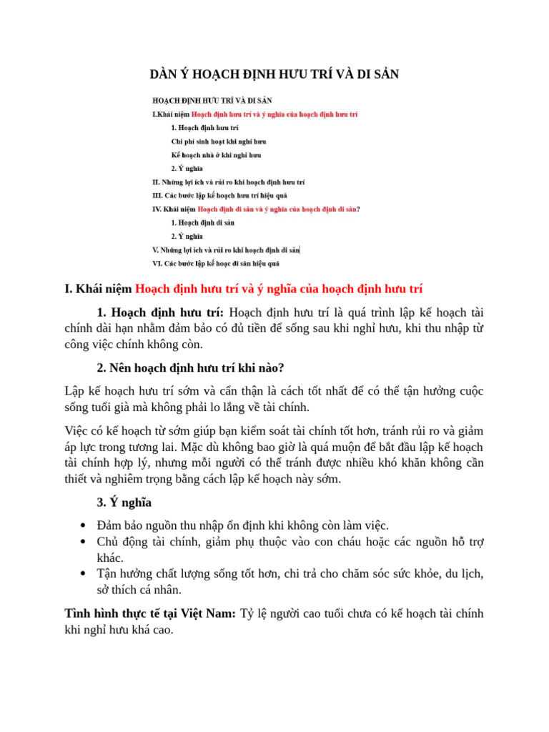 Dàn ý II - Hoạch Định Hưu Trí Và Di Sản | PDF