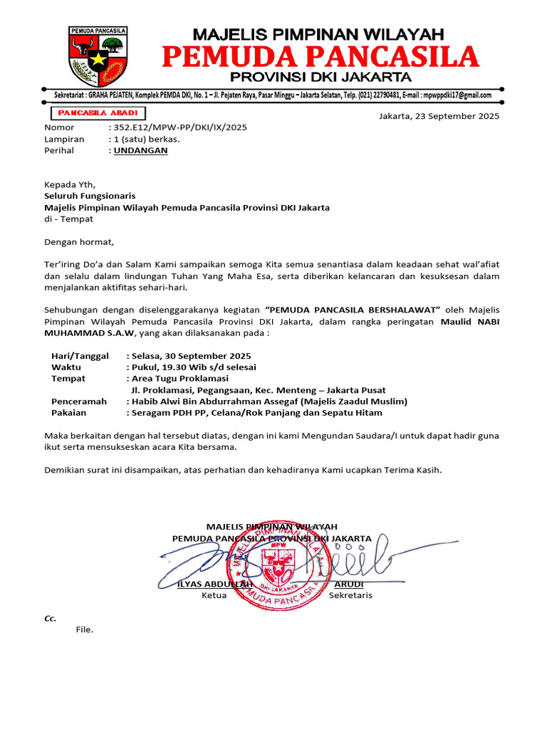 Undangan Pemuda Pancasila Bershalawat | PDF