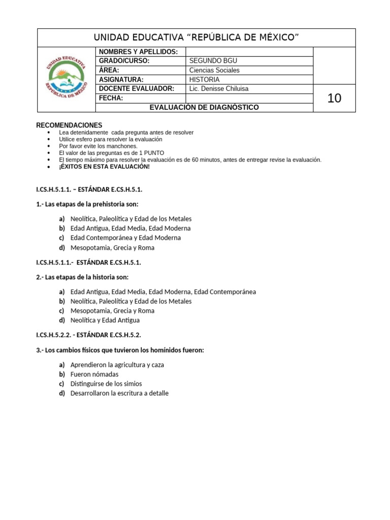 Evaluación Diagnóstica de Historia BGU | PDF | Mesopotamia | Educación ...