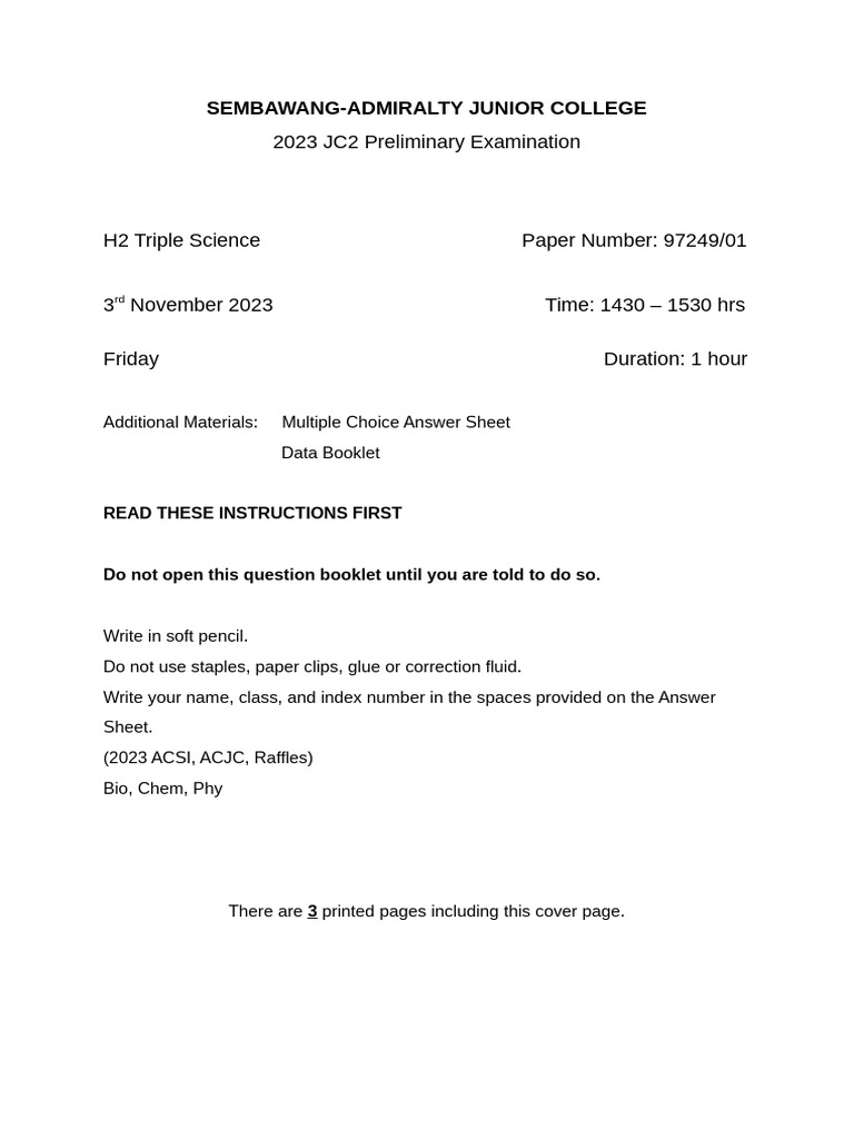 2023 JC2 Triple Science MCQ | PDF