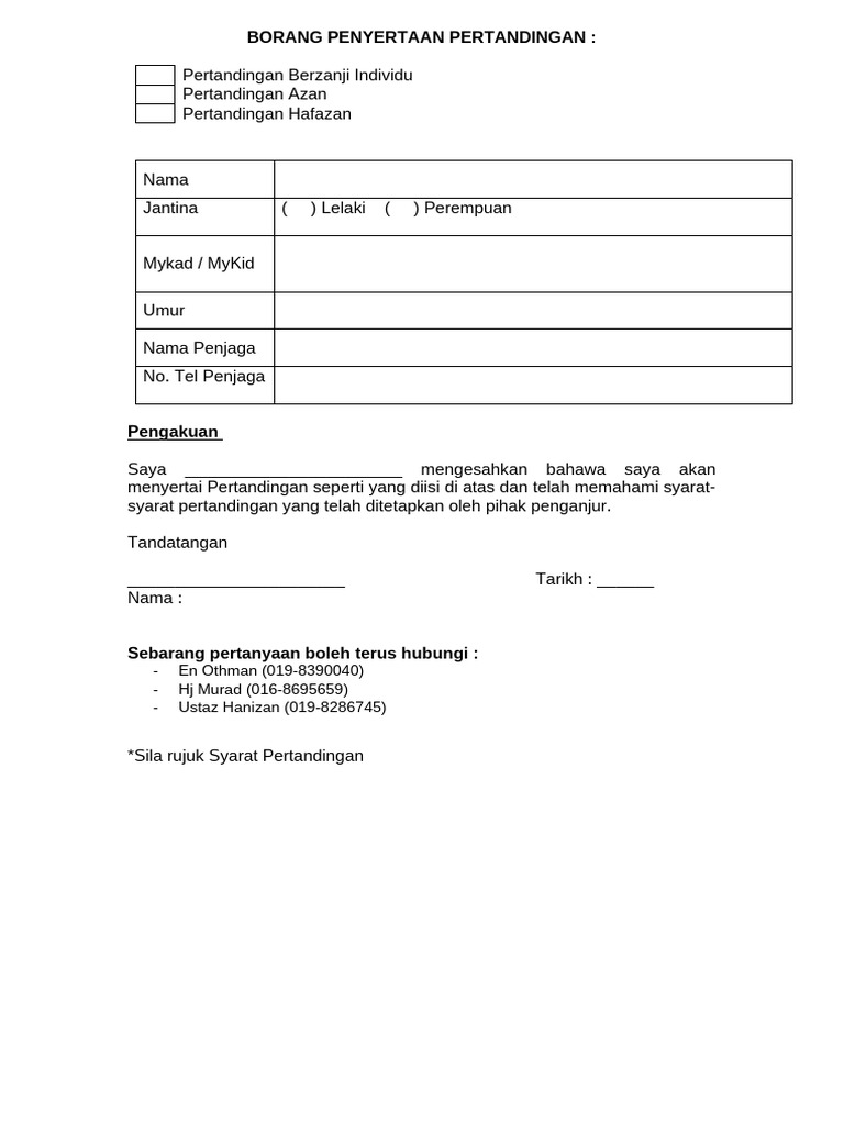 Borang Penyertaan Pertandingan | PDF