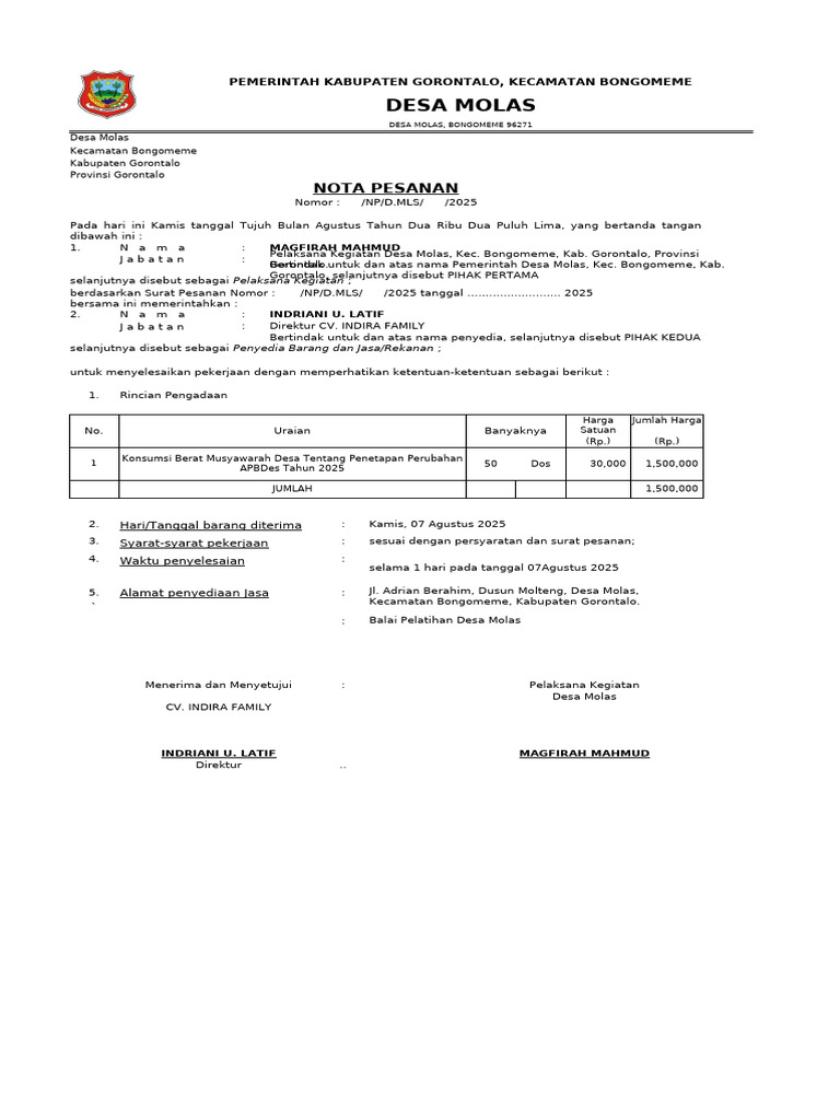 Nota Pesanan Desa Molas 2025 | PDF