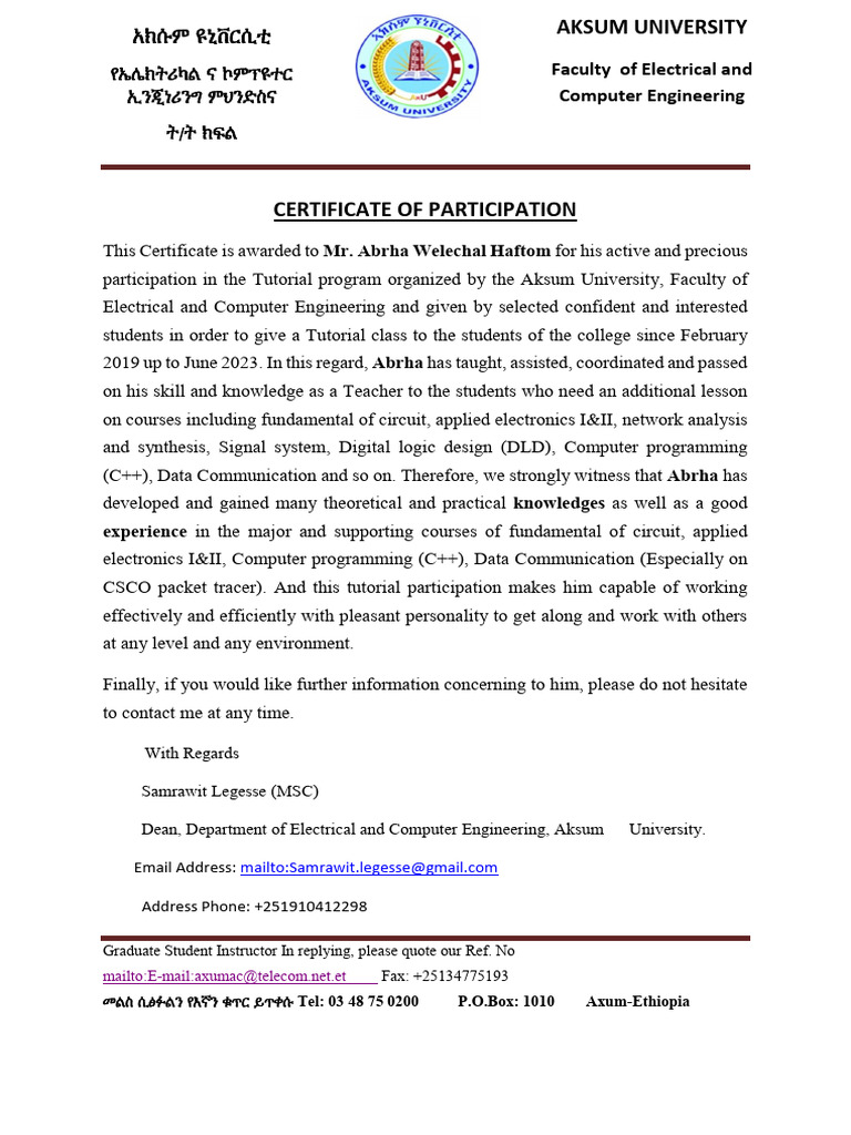 Abrha Certificate of Participation | PDF