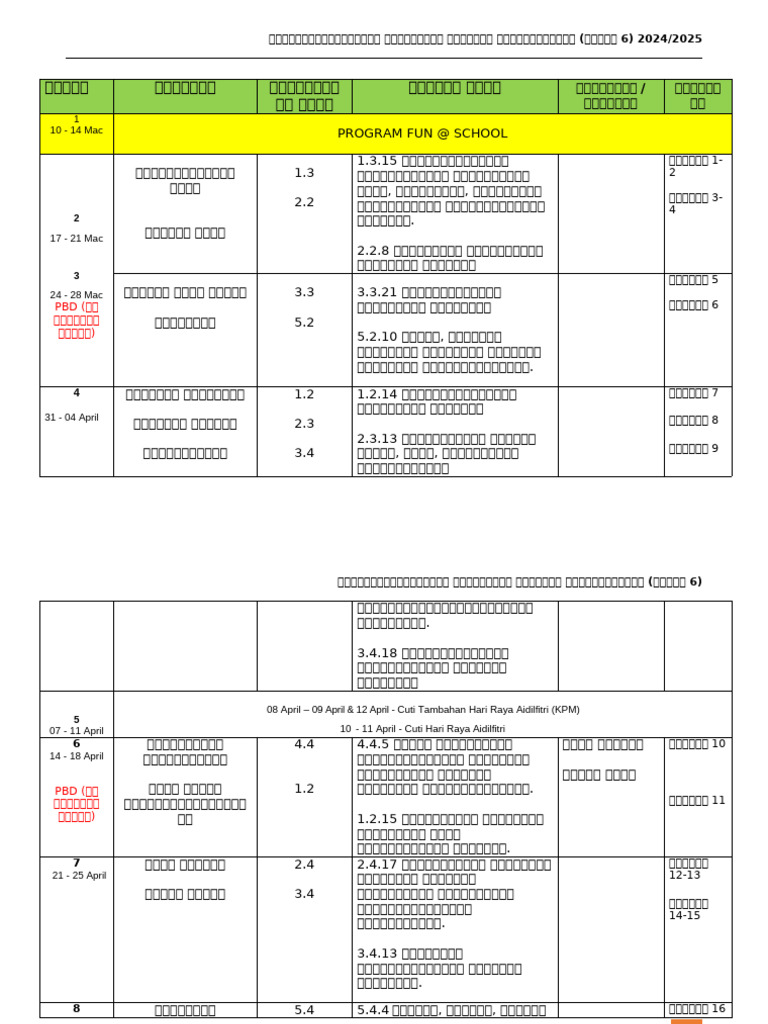 RPT Tahun 6 Bahasa Tamil - Docx 2024 | PDF