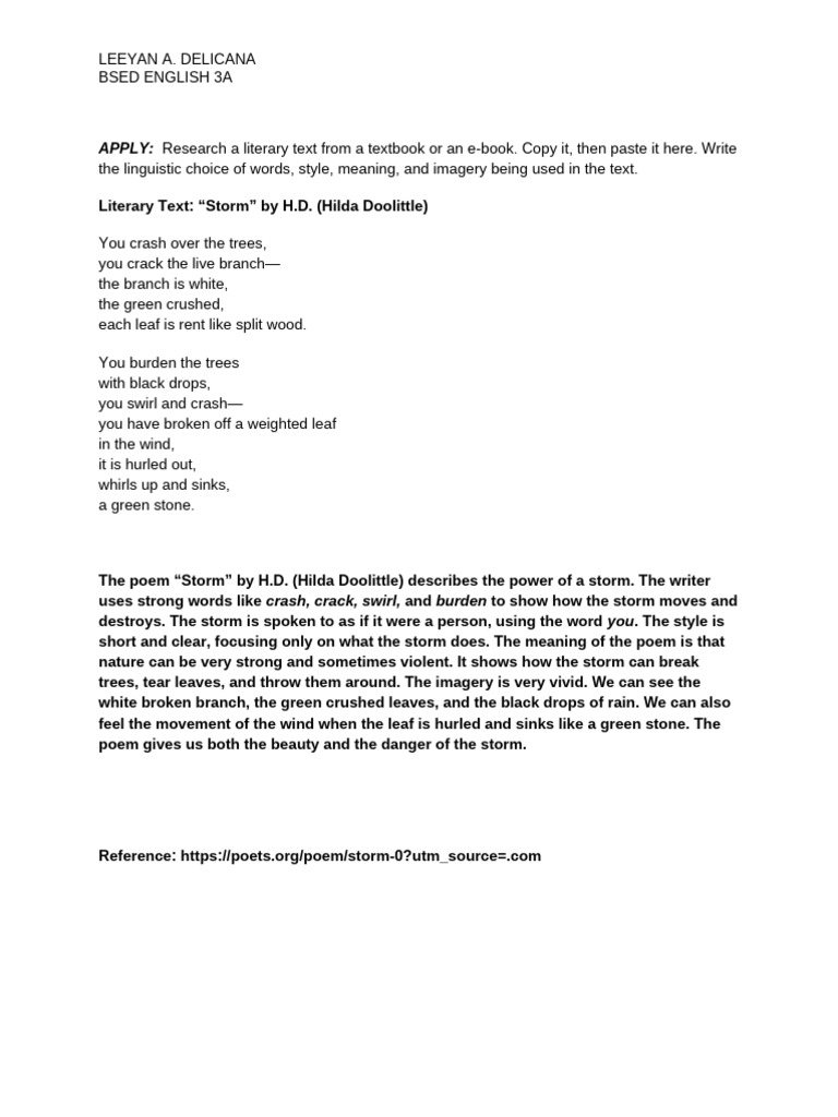 Analyzing H.D.'s "Storm" Poem | PDF