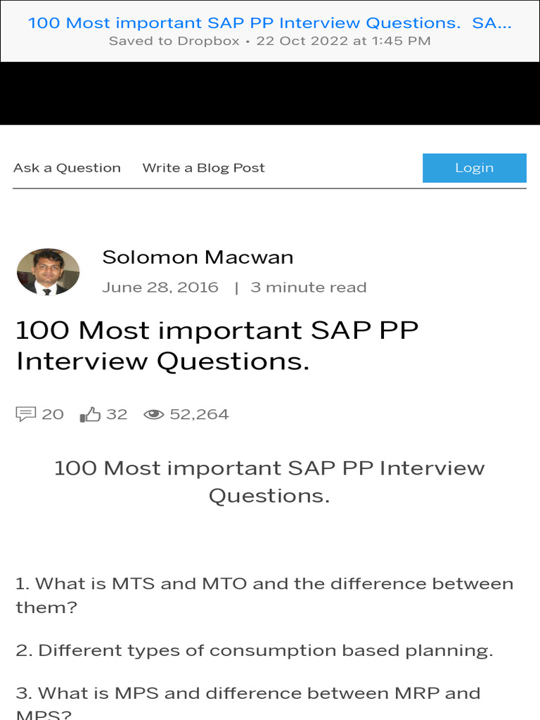100 Most Important SAP PP Interview Questions. SAP Blogs | PDF | Business
