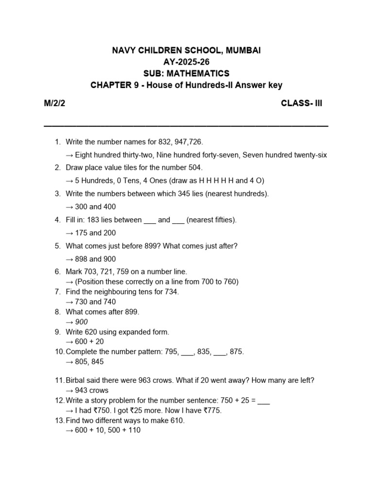 NCS (MB) - Class III-Mathematics-House of Hundreds II-WS2 Answer Key | PDF | Arithmetic | Numbers